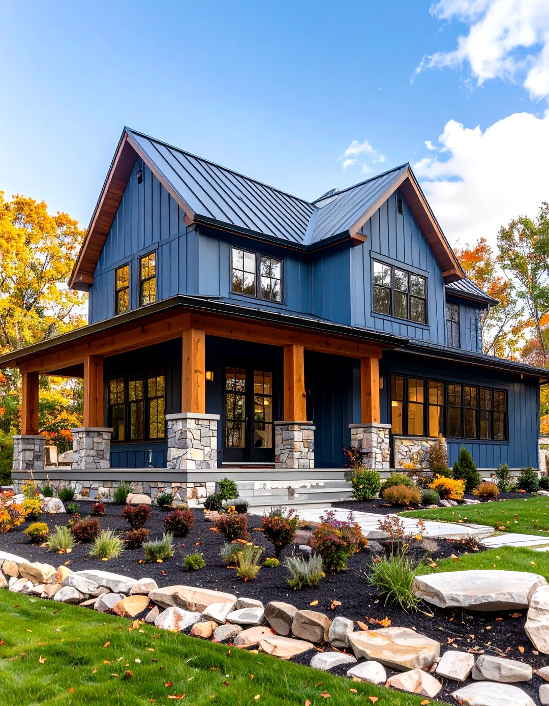 24 Blue House with Black Trim Ideas for Modern Homes - Too Much Time